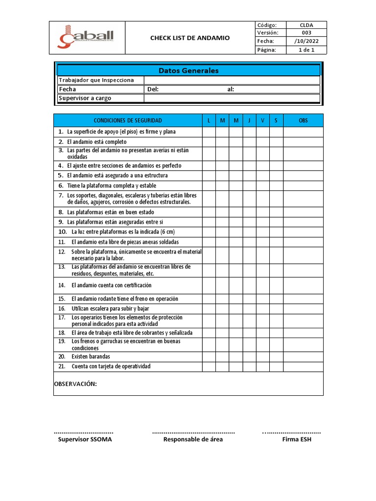 Checklist de Inspección de Andamios | PDF
