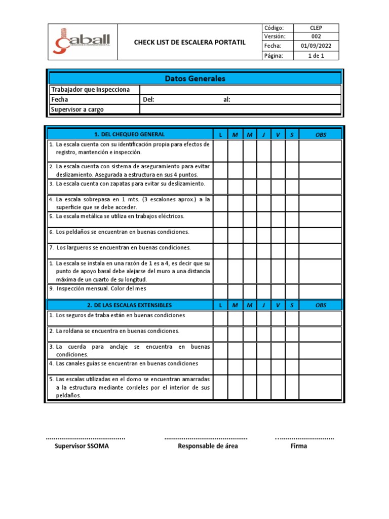 Check List de Escalera Portatil | PDF