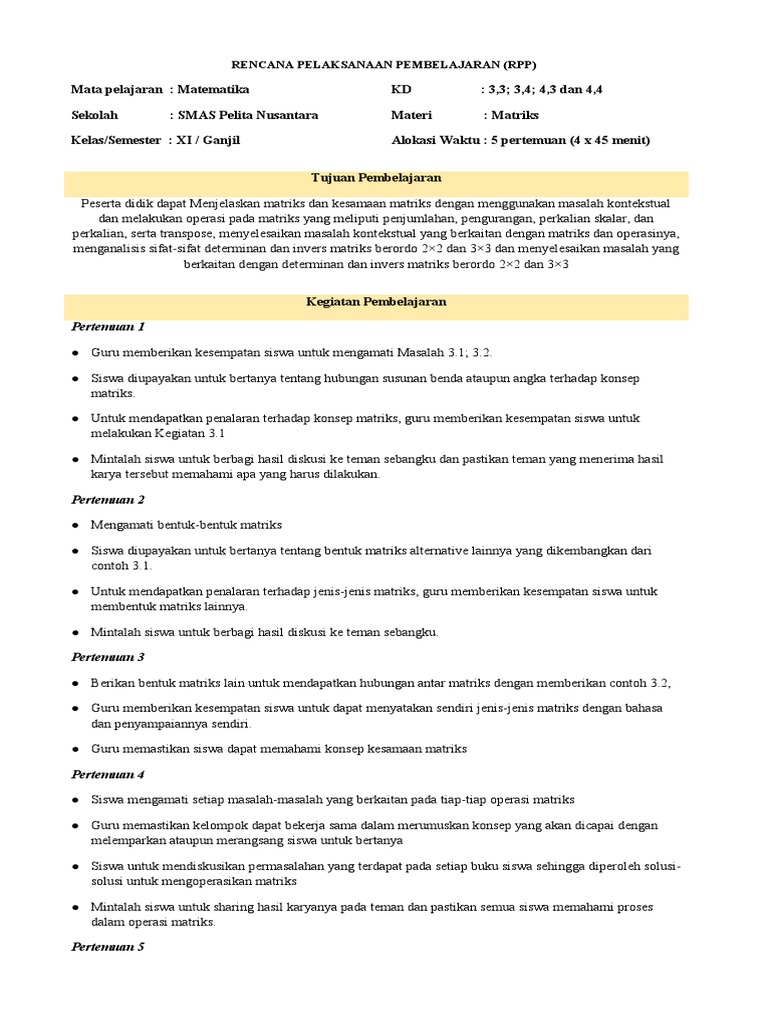 RPP BAB 3 Matriks | PDF