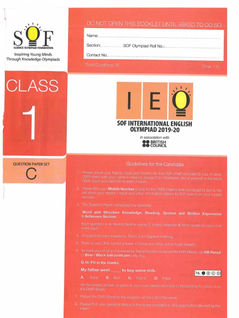 IEO - Class 1 - 2019-20 | PDF