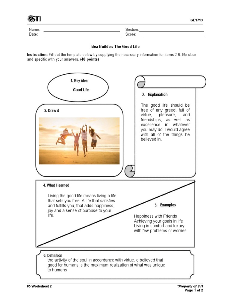 Idea Builder: The Good Life Instruction: Fill Out The Template Below by ...