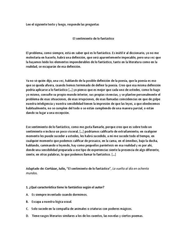 El Sentimiento de lo Fantástico en Cortázar | PDF | Fantasía | Autor