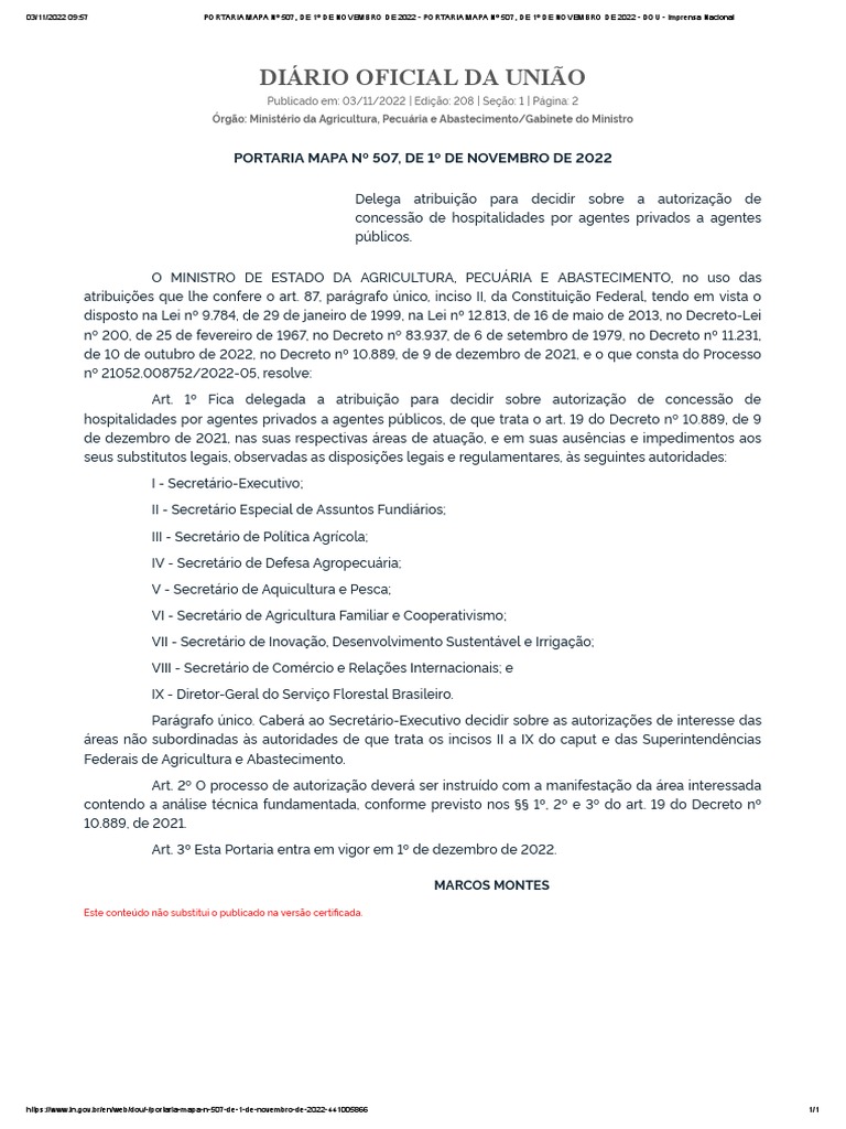 Portaria Mapa #507, de 1º de Novembro de 2022 - Portaria Mapa #507, de 1º de Novembro de 2022 ...