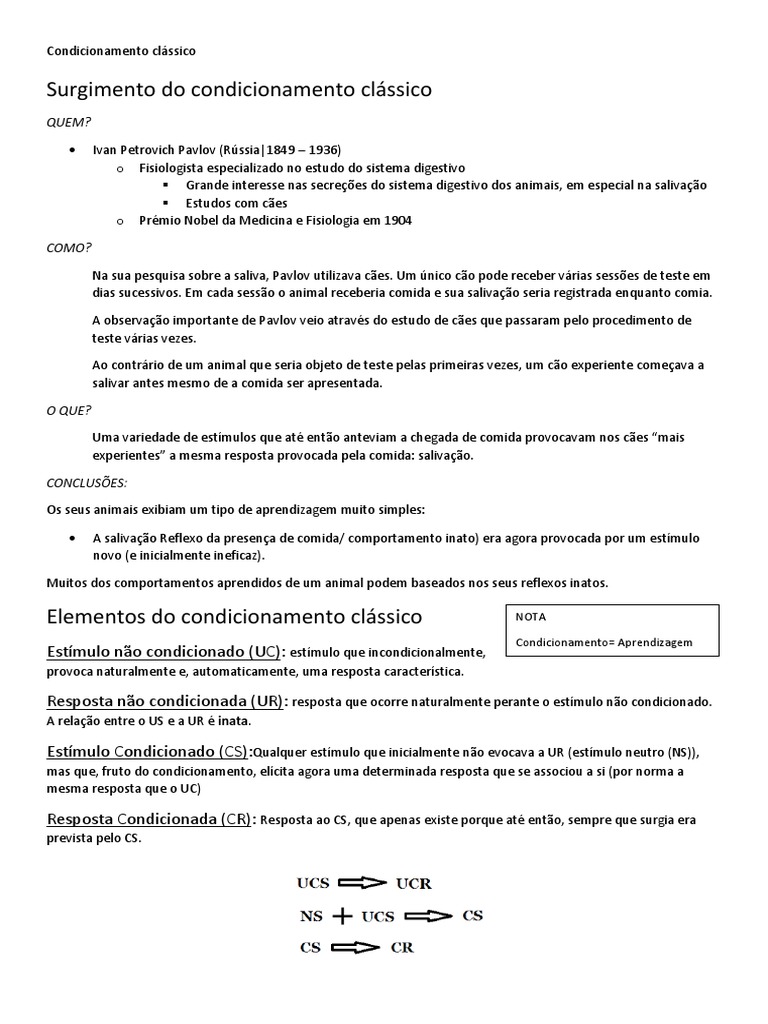 4 - Condicionamento Clássico | PDF | Neurociência | Ciência cognitiva