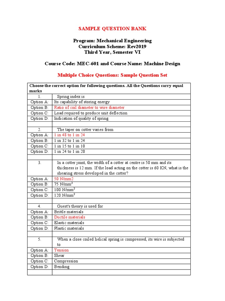 R19 Mech Machine Design Sample Questions Bank | PDF | Strength Of Materials | Bearing (Mechanical)