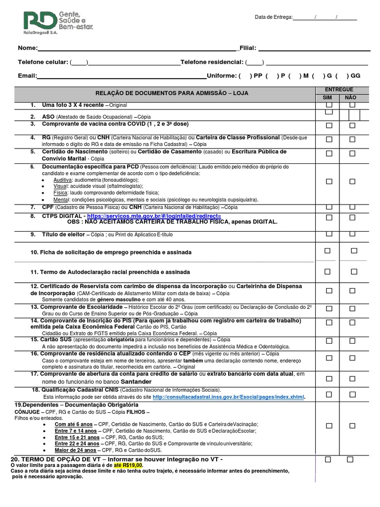 Check List de Admissão Atualizado | PDF | Carteira de Motorista