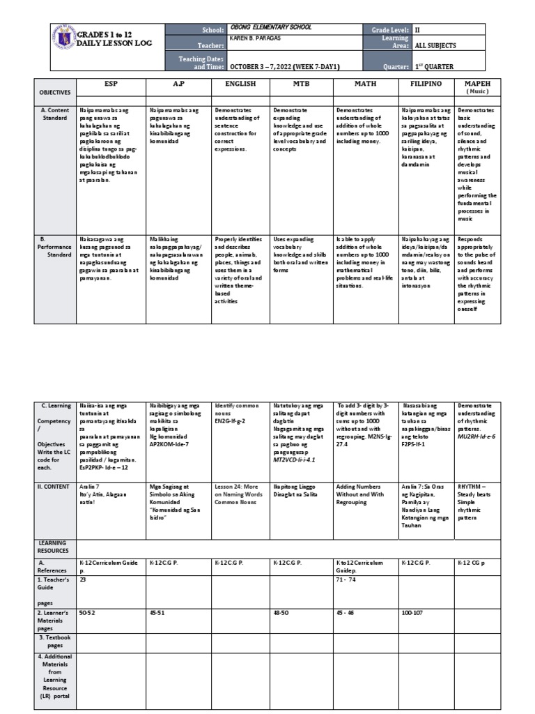 DLL - All Subjects 2 - Q1 - W7 - D1 | PDF | Cognition