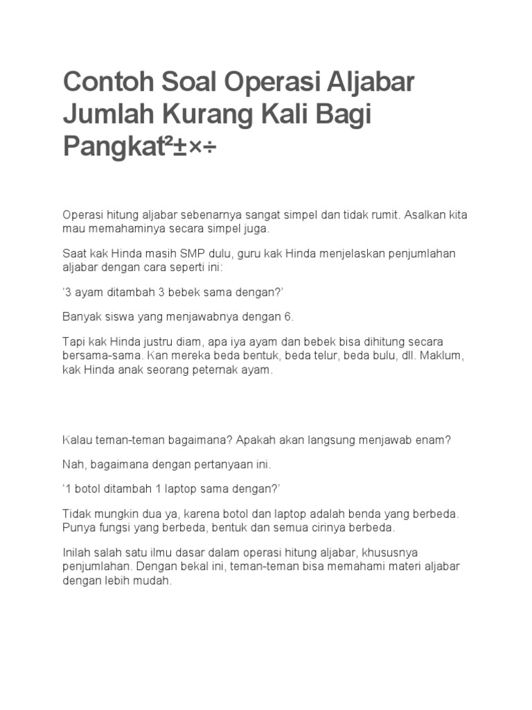 Contoh Soal Operasi Aljabar Jumlah Kurang Kali Bagi Pangkatword | PDF