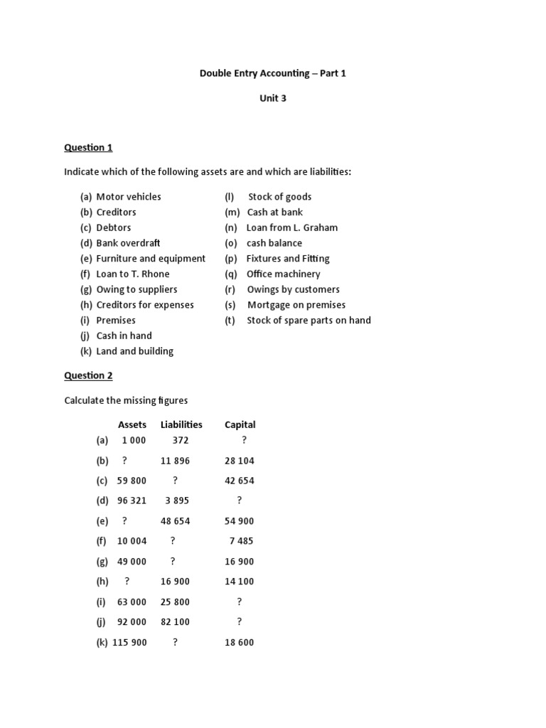 worksheet - unit 3 - Double Entry Accounting - part 1 | PDF | Debits ...