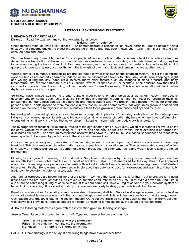 LESSON 2 - Asynchronous Activity | PDF | Sleep | Circadian Rhythm