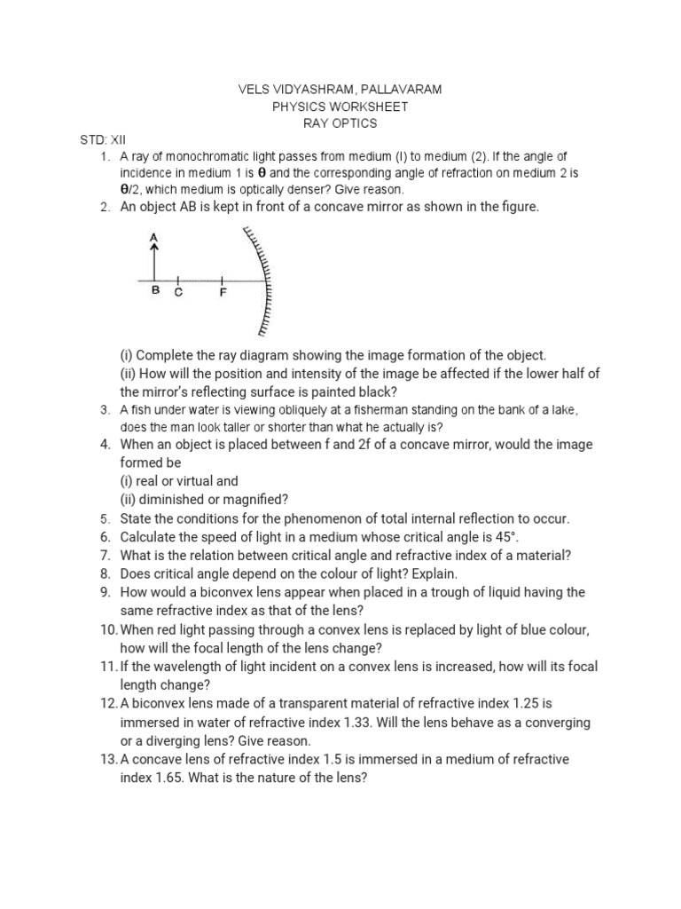Ray Optics Worksheet 1 | PDF | Refractive Index | Optics