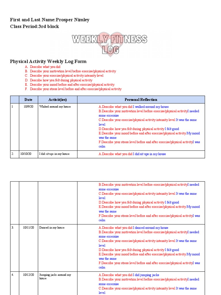 Copy of Physical Activity Log | PDF | Management Of Obesity | Physical Fitness