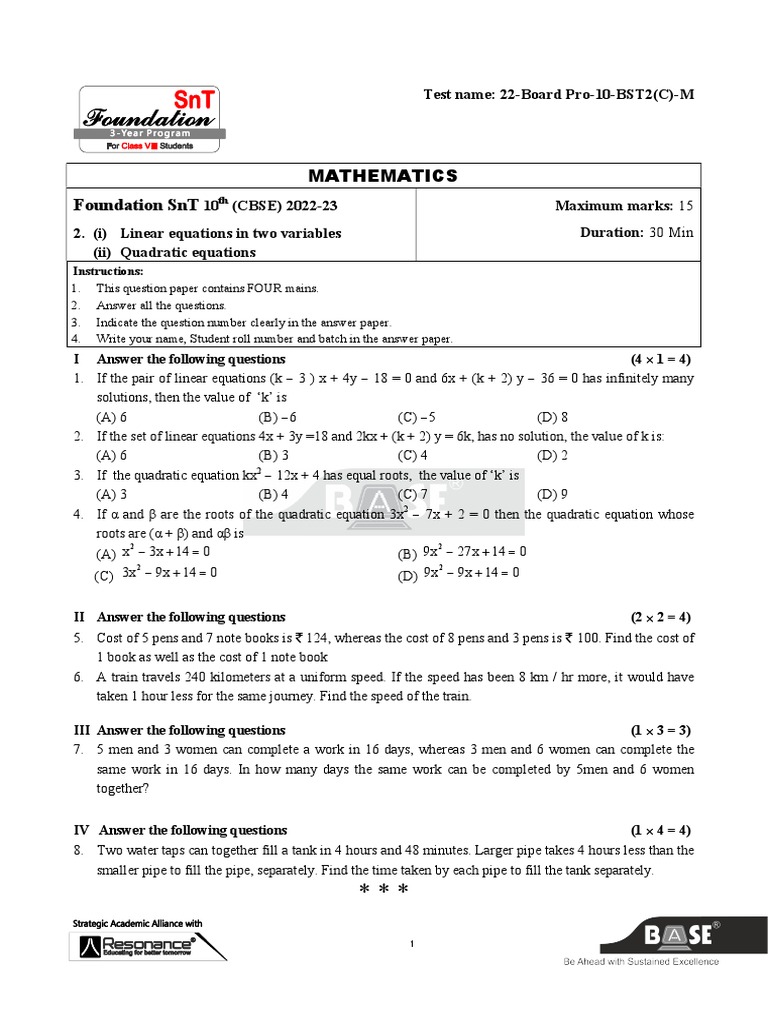 2 Linear Equations In Two Variables Quadratic Equations Q Pdf