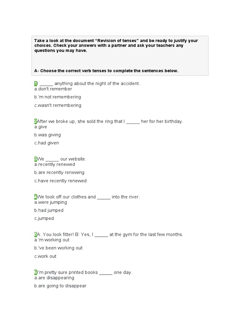 Tenses Revision Exercises Worksheet | PDF | Grammar | Linguistics