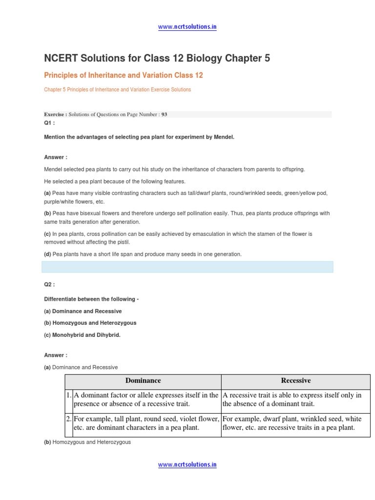 NCERT Class 12 Biology Chapter 5 Solutions | PDF | Dominance (Genetics ...