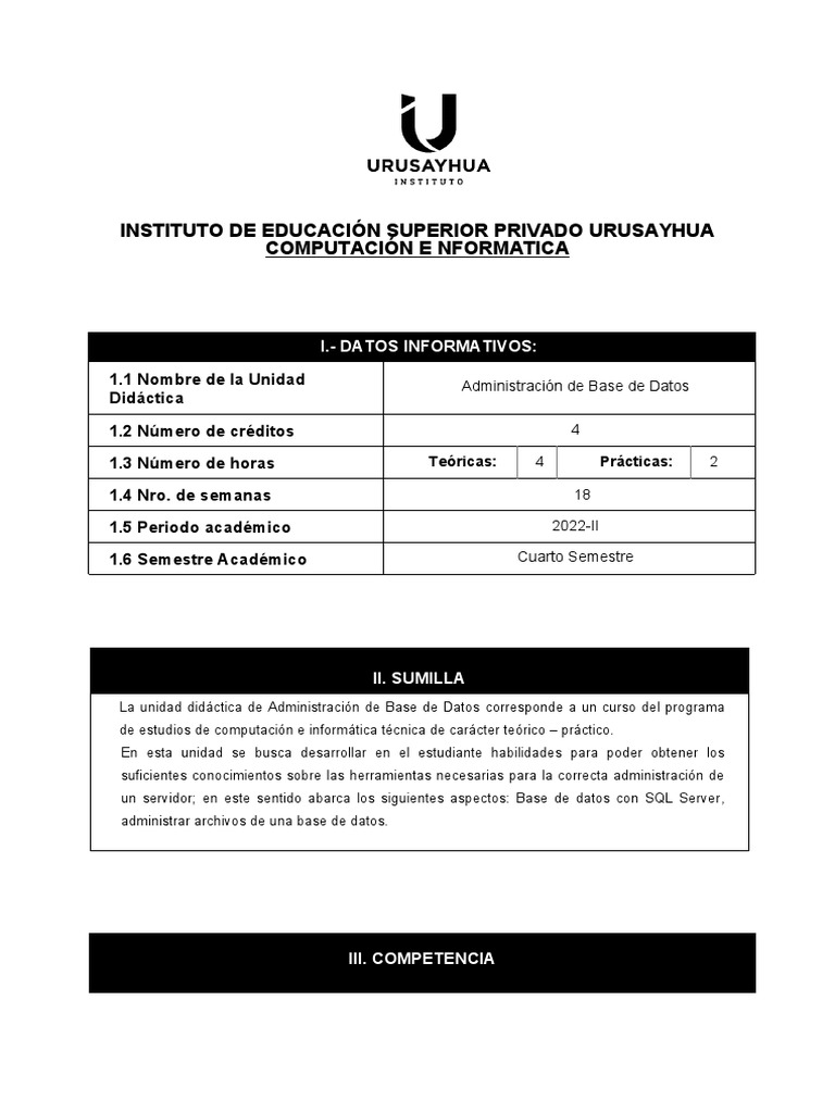 Silabo Administración de Base de Datos | PDF | Bases de datos | SQL