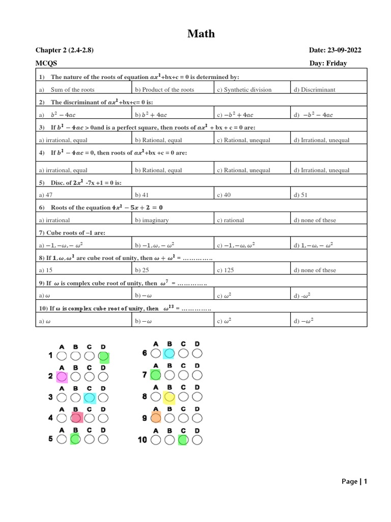 Math Chapter 2 MCQS Discriminant | PDF