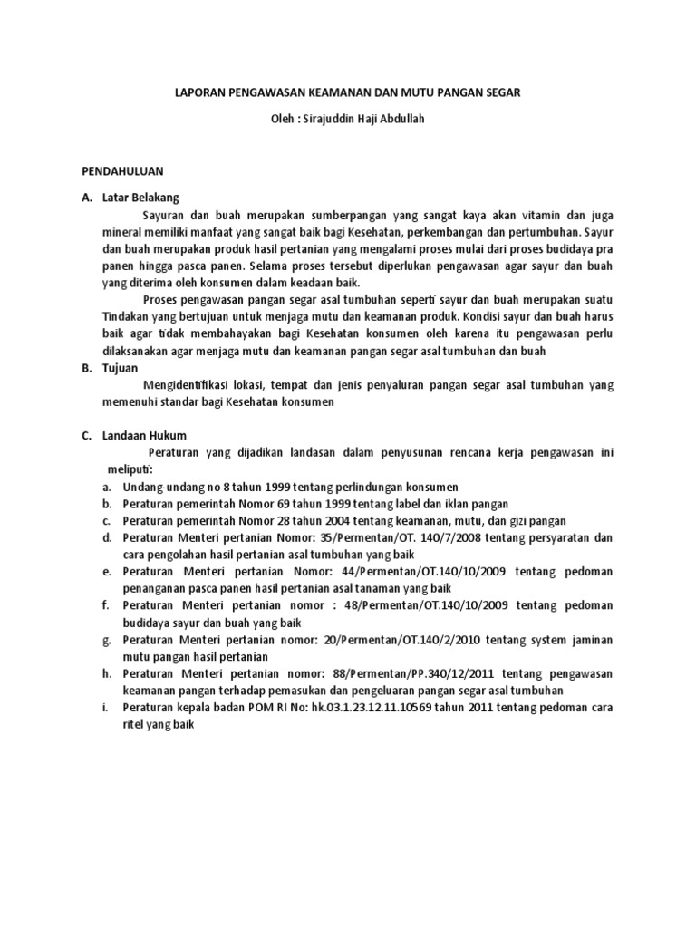 LAPORAN PENGAWASAN KEAMANAN DAN MUTU PANGAN SEGAR (Sirajuddin) | PDF