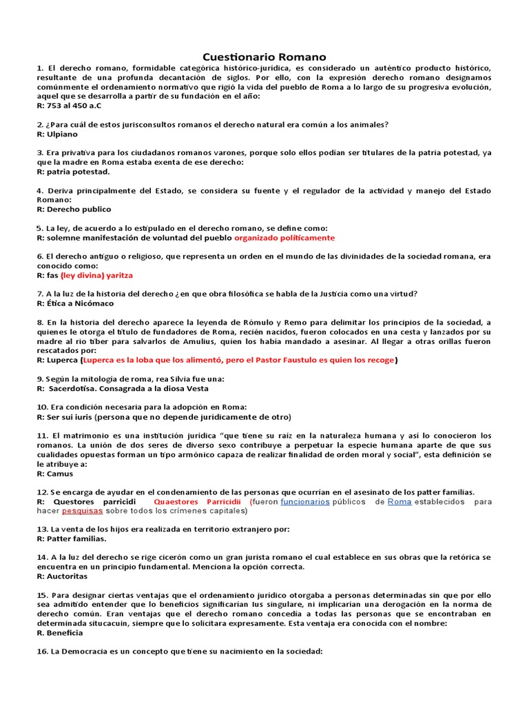 Cuestionario Romano-1 | PDF | Roma antigua | Ley romana