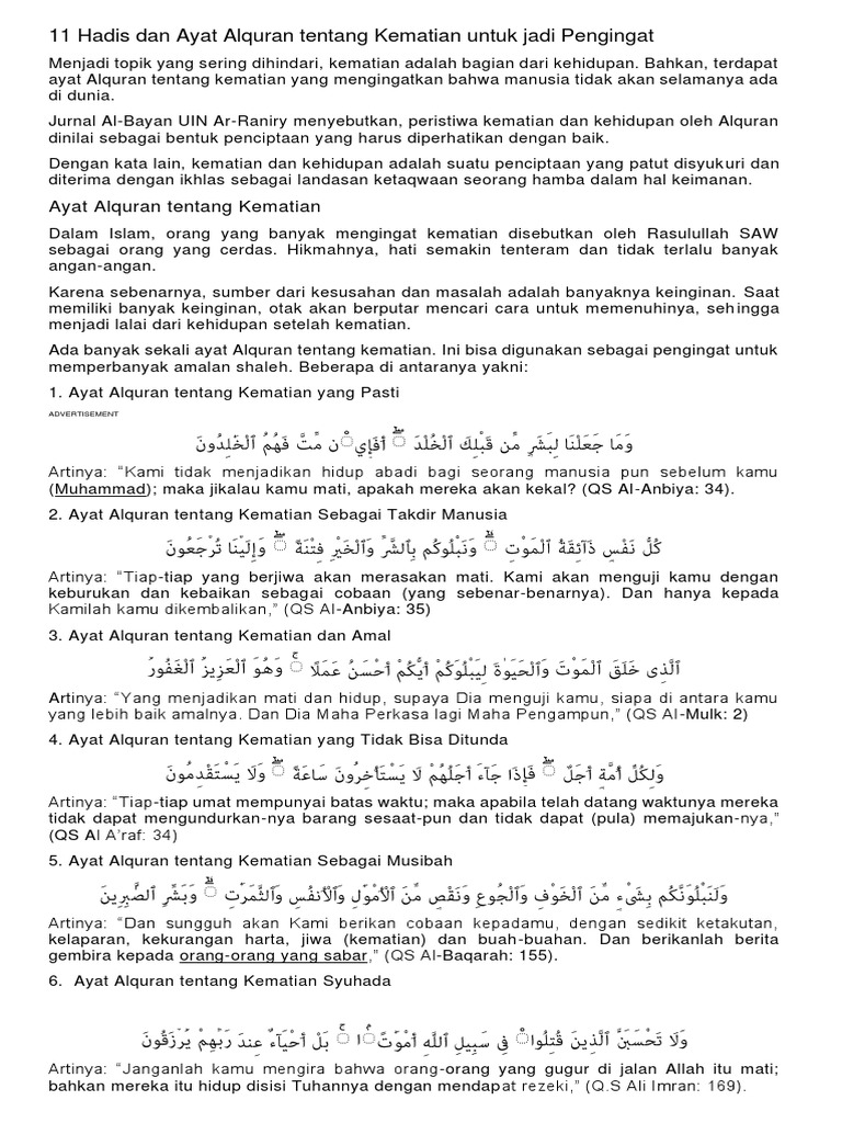 11 Hadis Dan Ayat Alquran Tentang Kematian Untuk Jadi Pengingat | PDF