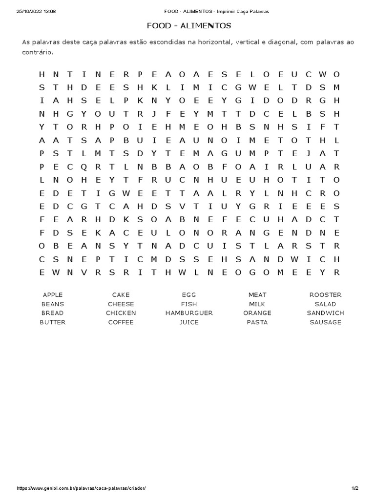 FOOD - ALIMENTOS - Imprimir Caça Palavras | PDF