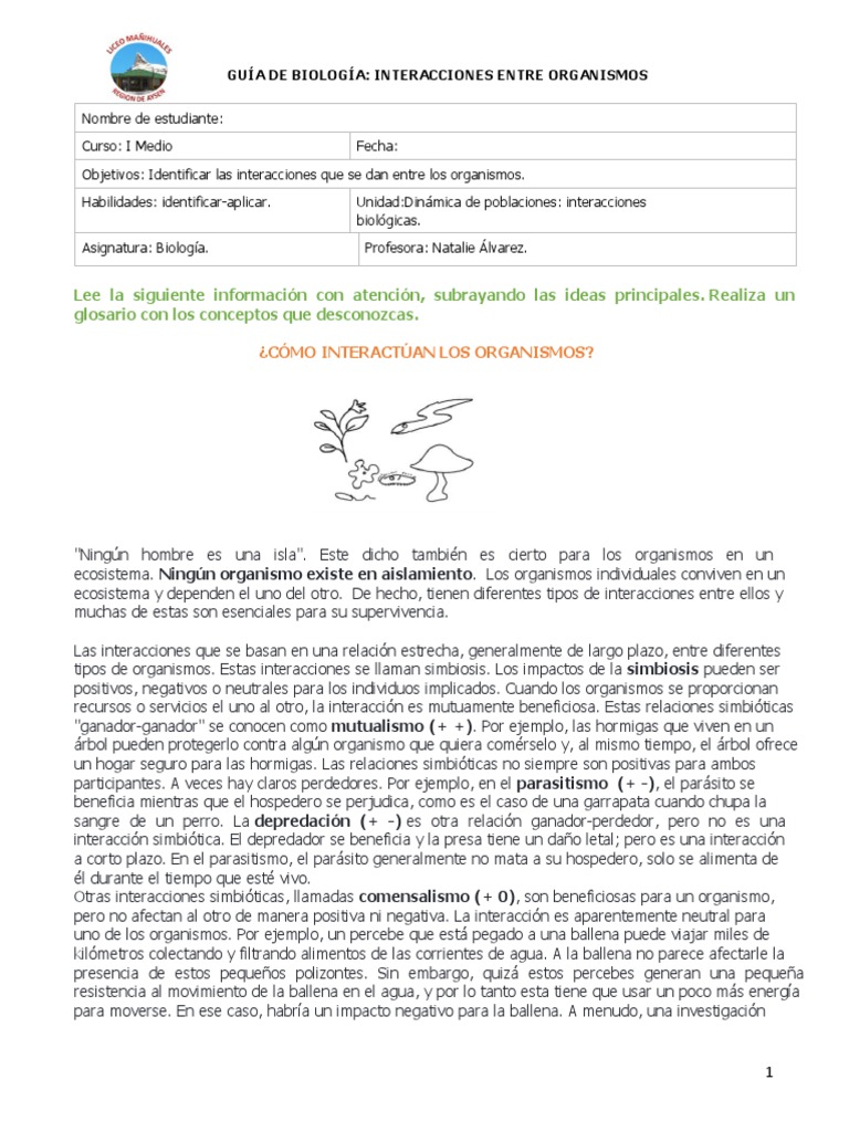 Guia Interacciones Biologicas I Medio | PDF | Simbiosis | Ecología