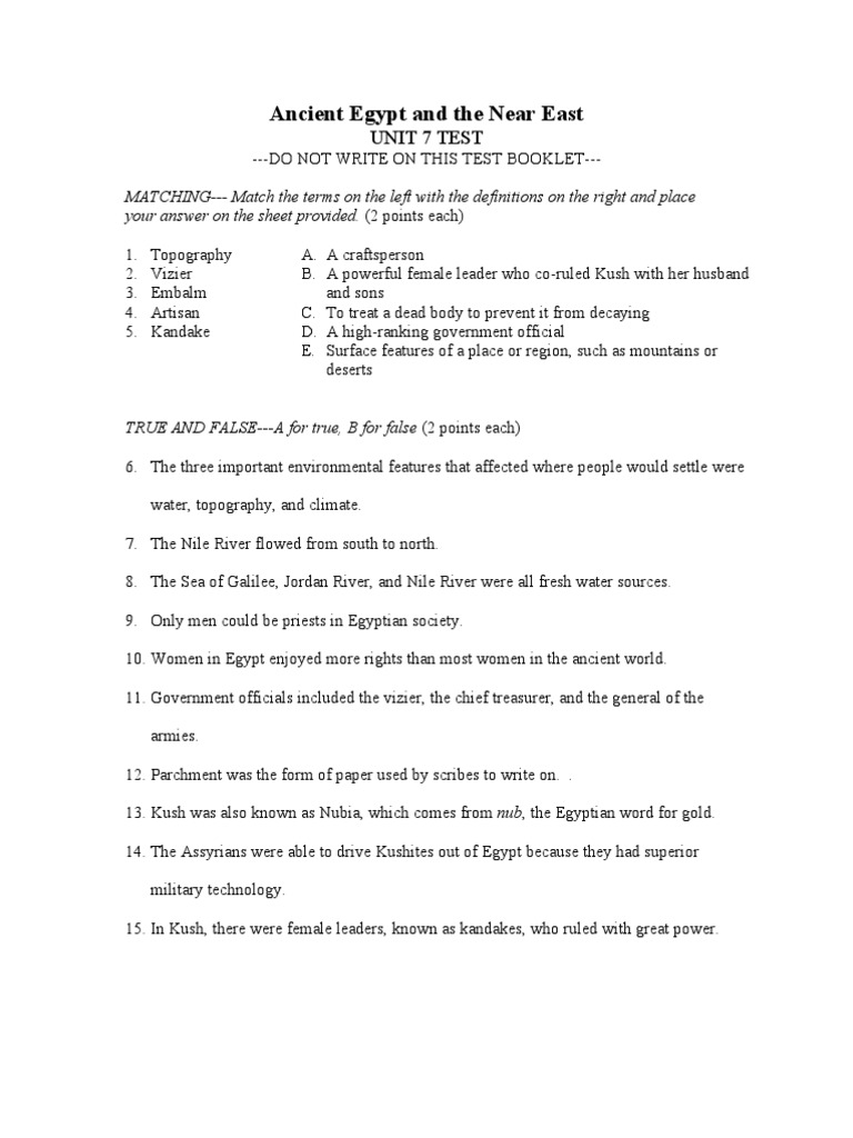 Ancient Egypt Unit Test | PDF | Ancient Egypt | Agriculture