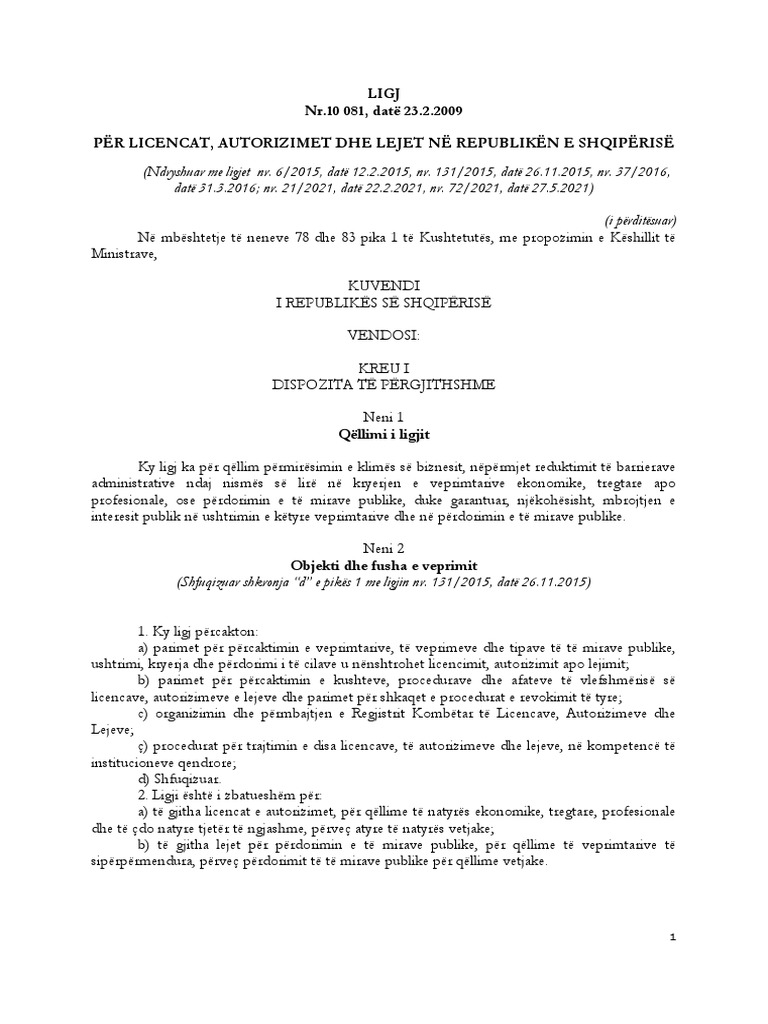 Ligjin Nr.10081 Date 23.02.2009 Per Licencat Autorizimet Dhe Lejet Ne Republiken e Shqiperise I ...