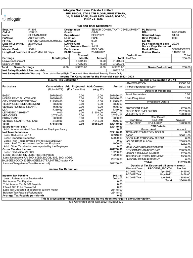 Final Settlement Statement for Chetan Ahire | PDF | Employee Benefits | Tax Refund