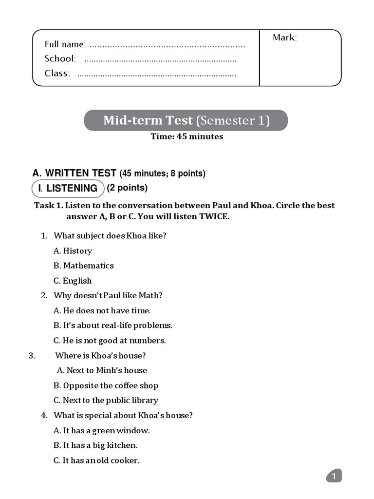 Semester 1 Mid-Term Test Overview | PDF
