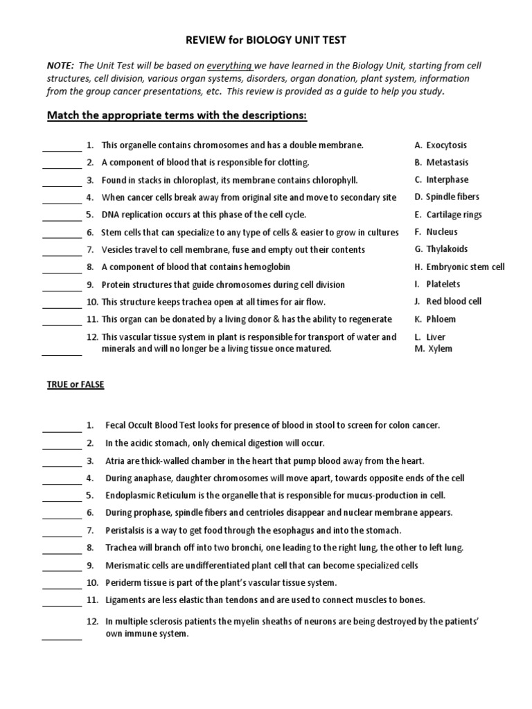 SNC2D1 Biology Unit Review | PDF | Cell (Biology) | Tissue (Biology)