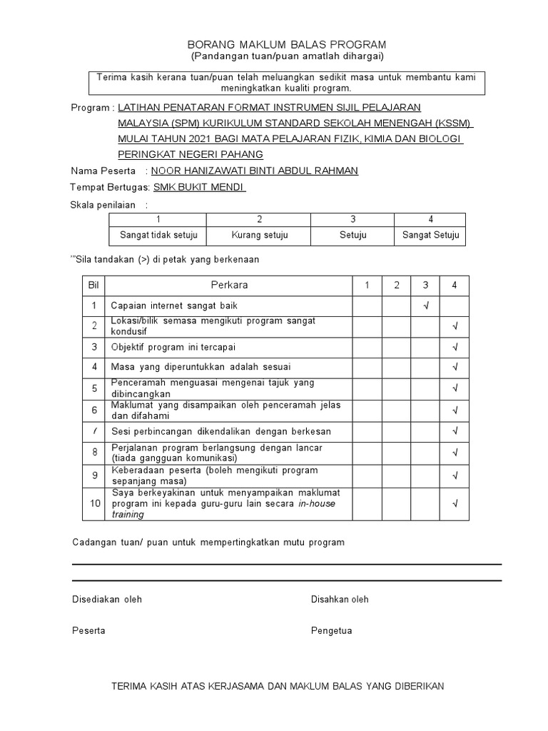 Borang Maklum Balas Program Penataran KSSM Sains Tulen 2021 | PDF