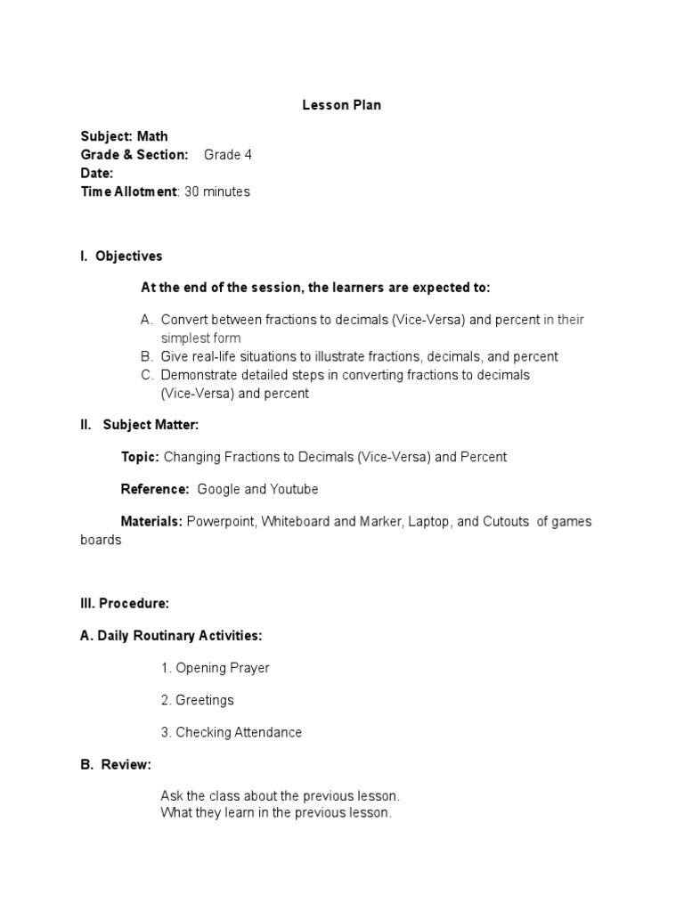 Lesson Plan-Changing Fractions To Decimals (Vice-Versa) and Percent | PDF | Pedagogy | Cognitive ...