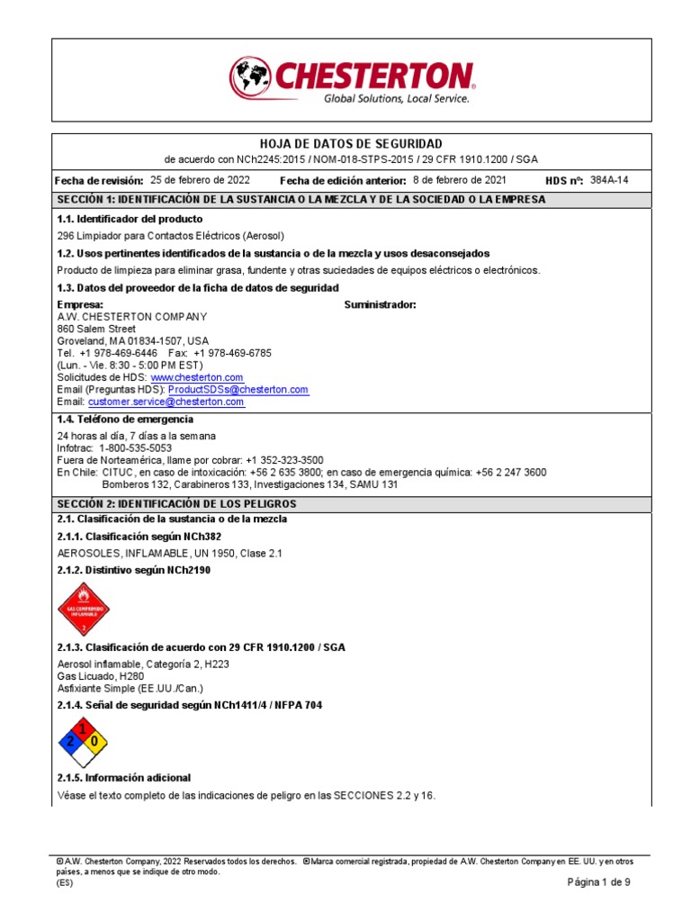 Hds Chesterton 296 Limpiador de Contactor Electricos | PDF | Agua ...