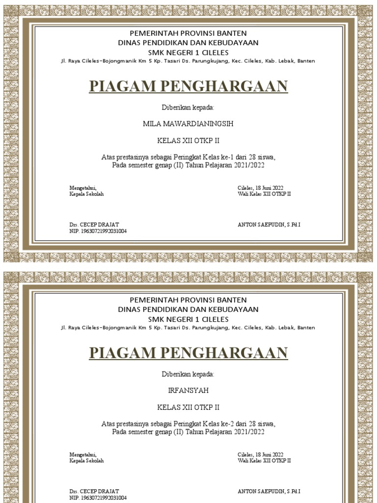 Piagam Kelas Xii Otkp 2 | PDF