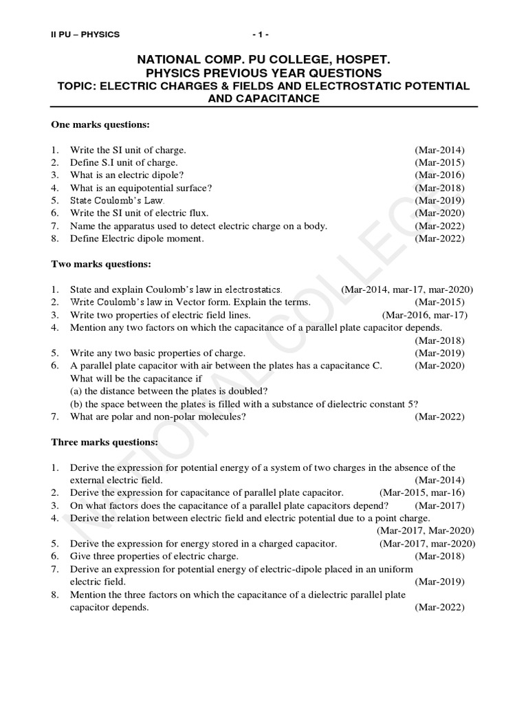 Phy - II Pu Previous Year Questions (Electric Charges & Fields and Electrostatic Potential and ...