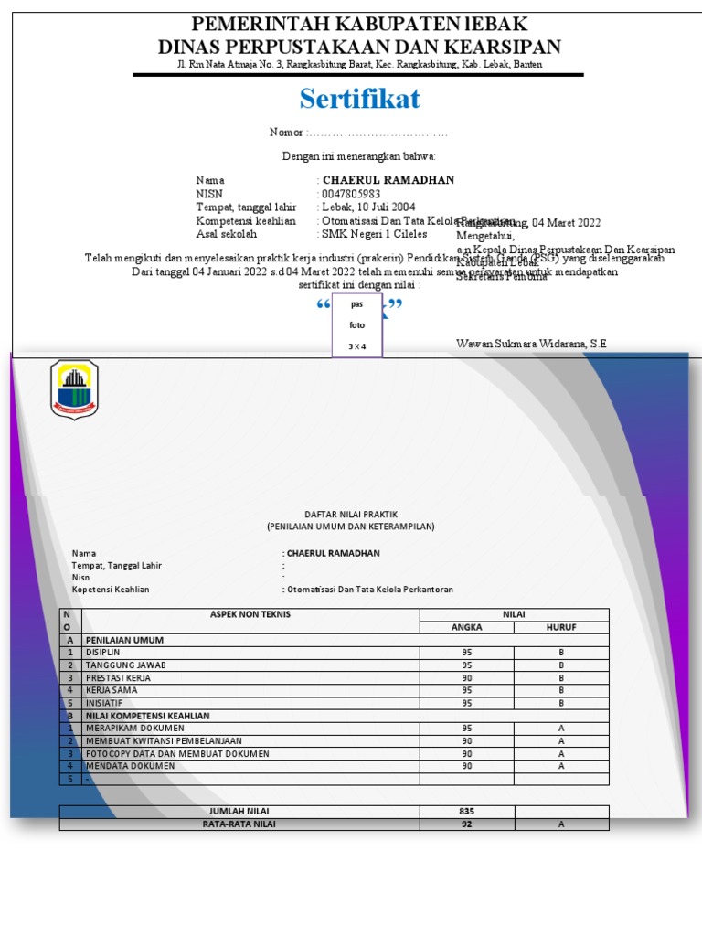 SERTIFIKAT PKL Siswa | PDF