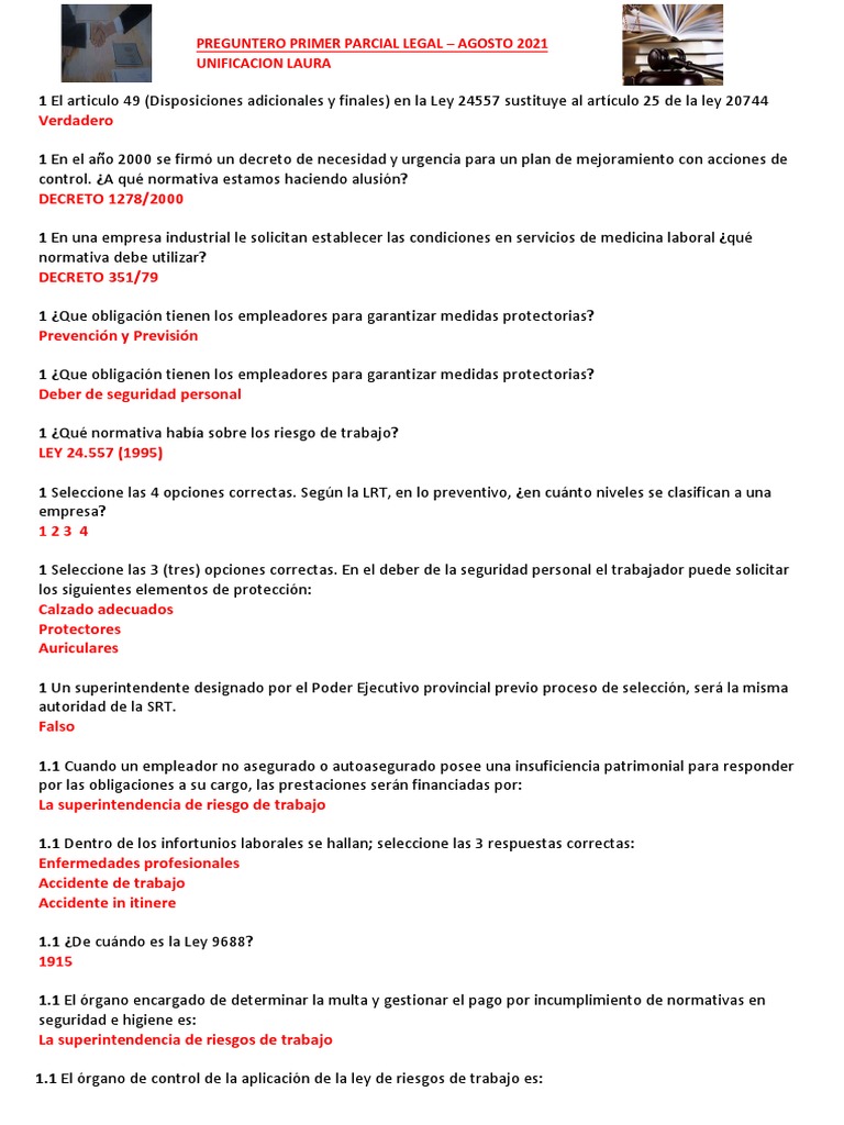 Preguntero Primer Parcial Legal Laura 10-04-22 (2219) | PDF | Seguro | Sindicato