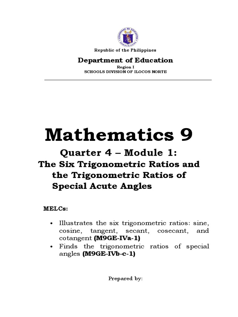 Math9 Quarter4 Week1 2 Module1 MELCs1to23 | PDF | Trigonometric Functions | Triangle