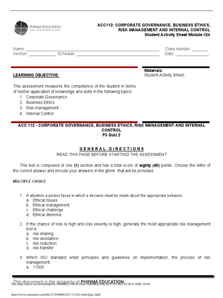 ACC 112 Pre Final Quiz 2 PDF | PDF | Internal Control | Debits And Credits
