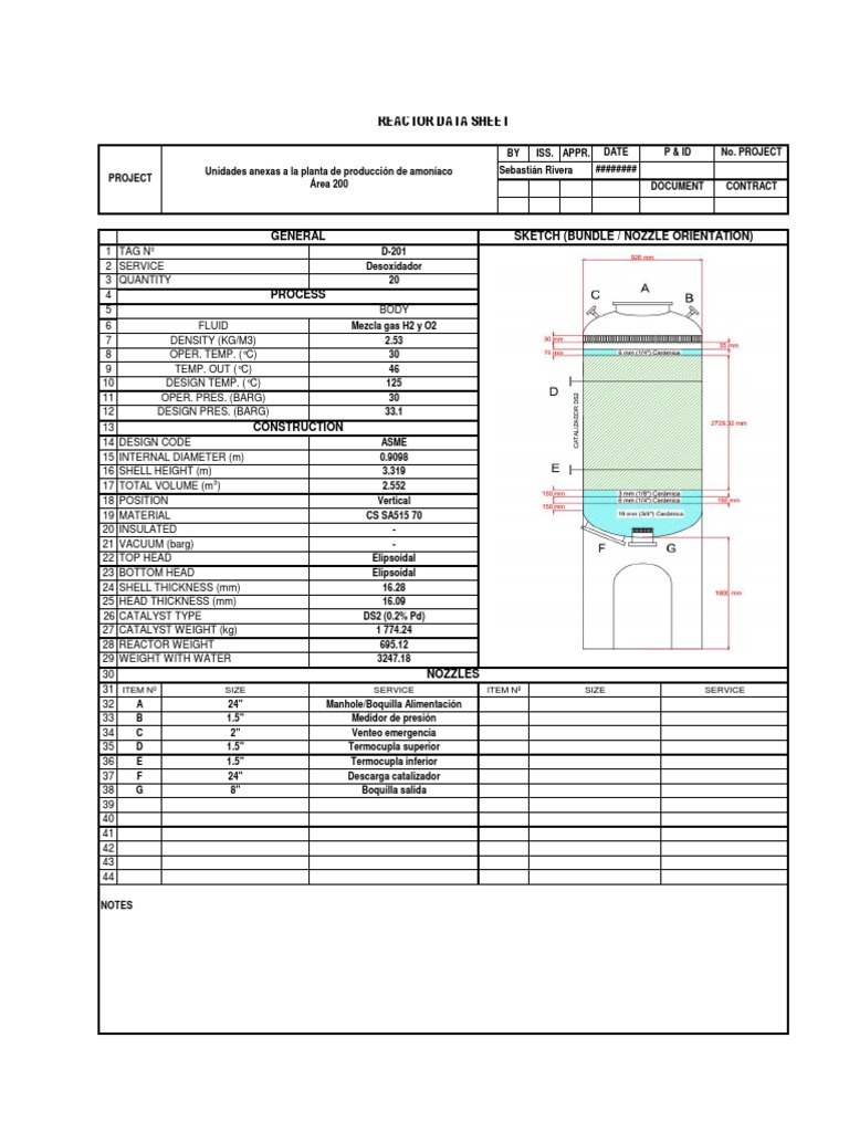 Reactor Data Sheet: Sketch (Bundle / Nozzle Orientation) General | PDF | Chemistry | Materials