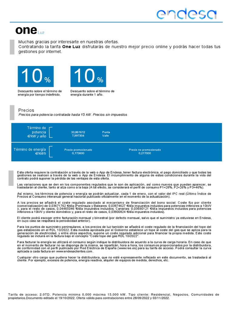 Tarifa One Luz de Endesa: Precios y Condiciones | PDF | Factura | Vatio