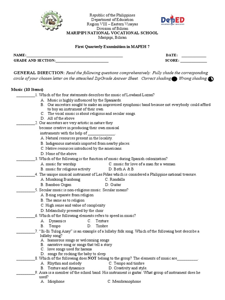 MAPEH 7 1st Quarter Exam | PDF | Physical Fitness | Songs