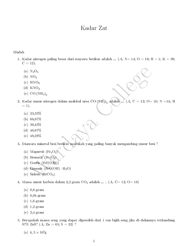 03 05 03 Kadar Zat - Soal | PDF