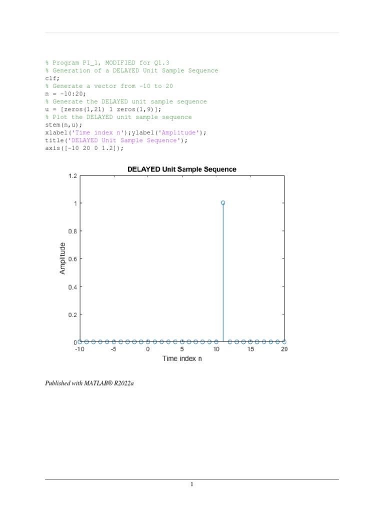 % Program P1 - 1, MODIFIED For Q1.3 % Generation of A DELAYED Unit Sample Sequence | PDF