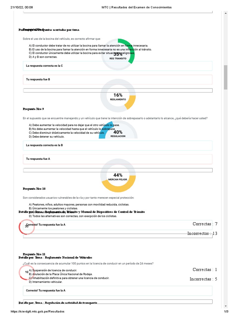 MTC - Resultados Del Examen de Conocimientos | PDF | Peatonal | Licencia de conducir