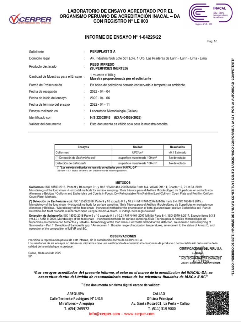 Cert. Microbiológico - PEBD IMPRESO | PDF | Microscopía | Procariota