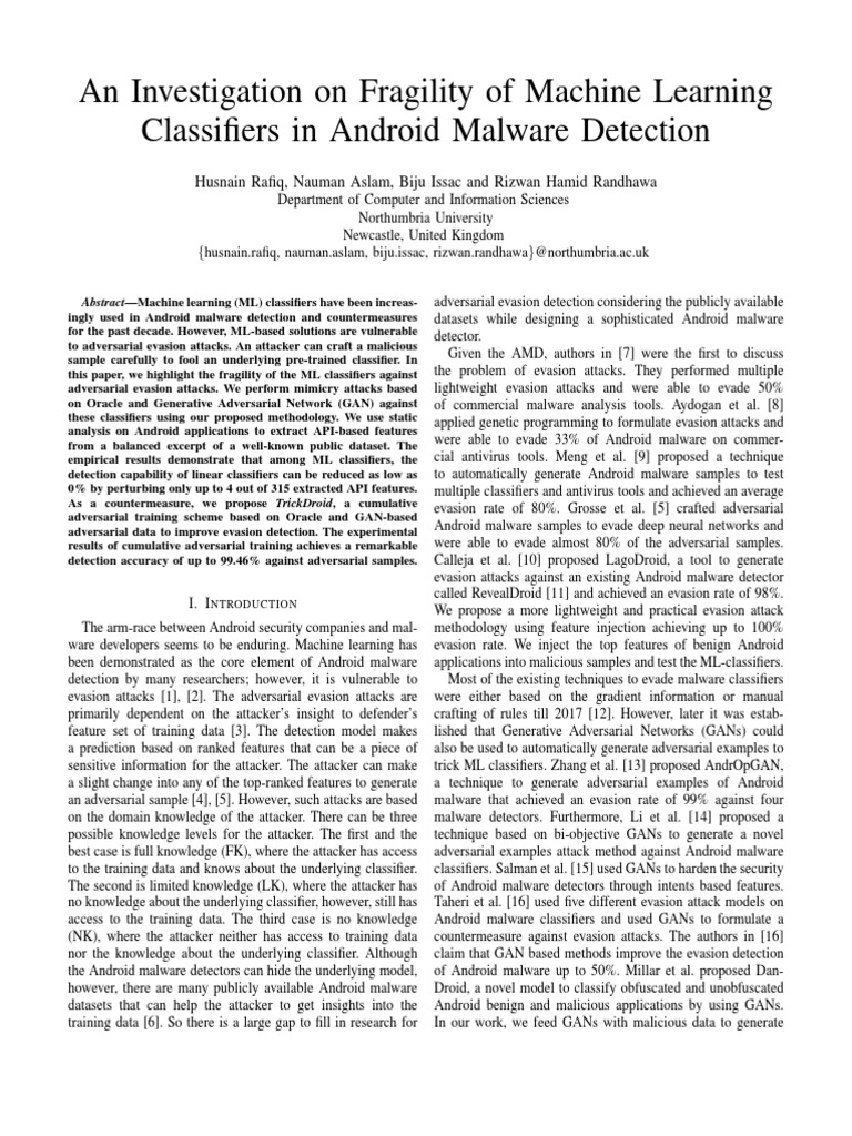 An Investigation On Fragility Of Machine Learning Classifiers In Android Malware Detection Pdf