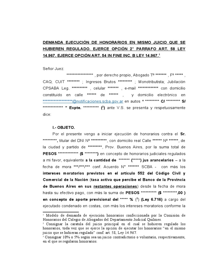 DEMANDA EJECUCION DE HONORARIOS EN MISMO JUICIO Modelo 2021 | PDF ... DEMANDA EJECUCION DE HONORARIOS EN MISMO JUICIO Modelo 2021 | PDF ...