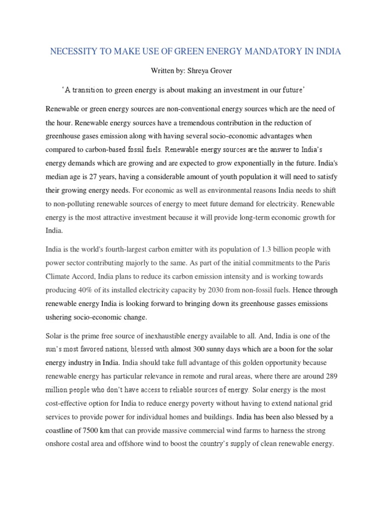 Green Energy - Essay | PDF | Climate Change | Renewable Energy